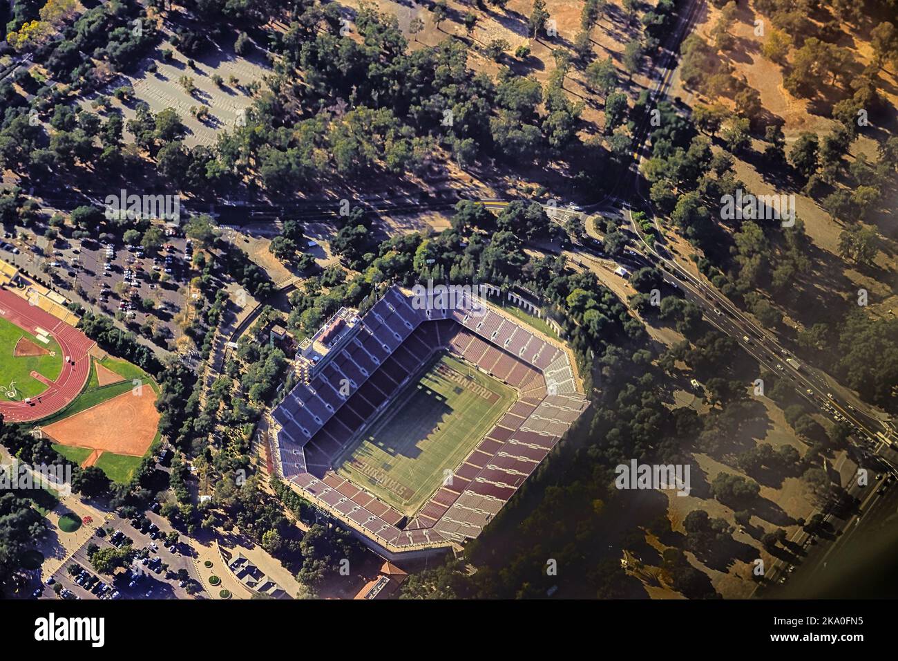 Aerial view over the Stanford University Stadium and sports complex ...