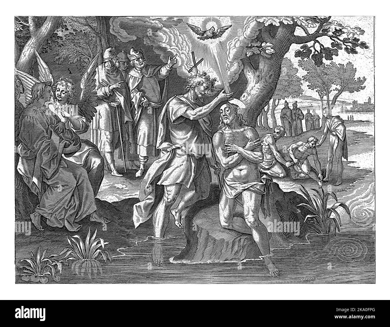 Christ is baptized by John the Baptist in the Jordan. Angels hold Christ's clothes on the bank ...