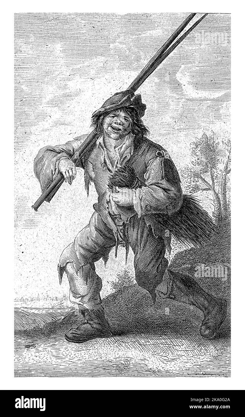 A chimney sweep walks with a bundle of reeds under his arm and two long ...