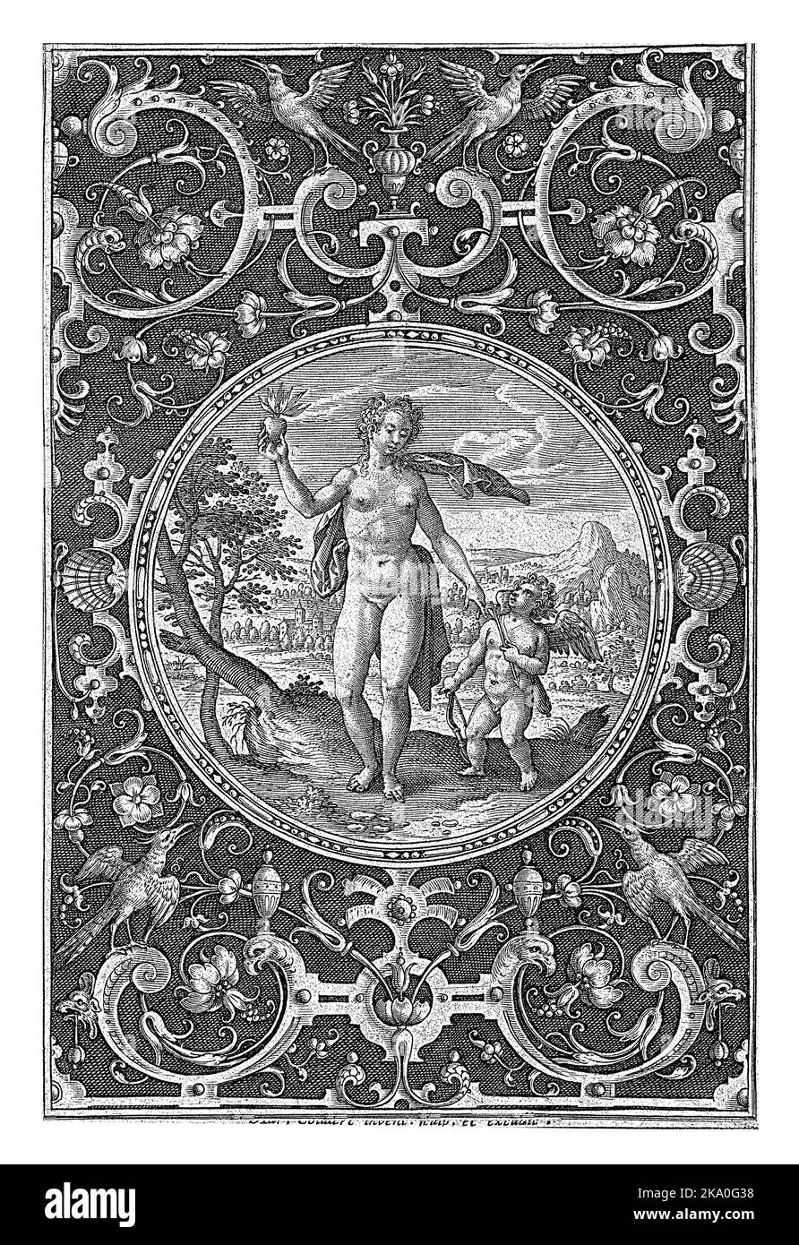Medallion with Venus and Amor in a frame of grotesques with flowers ...