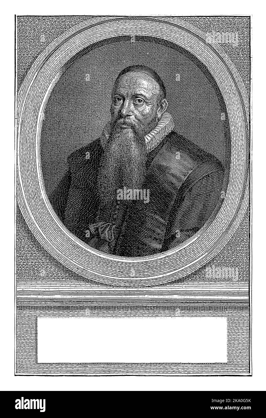 Bust to the left of Jacobus Trigland in an oval. The portrait rests on ...