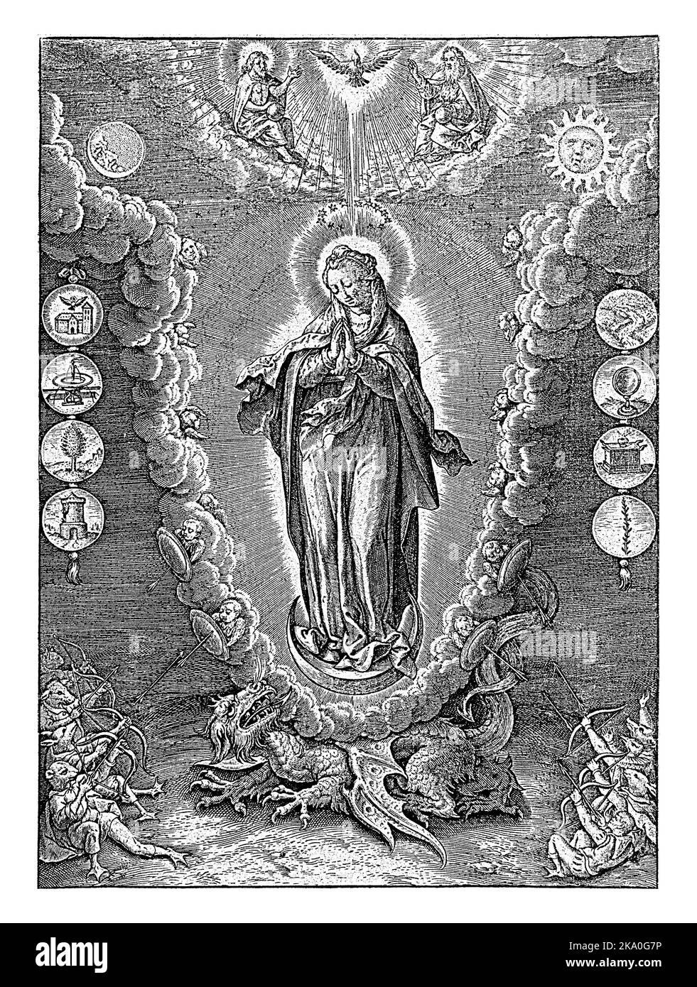 Virgin Mary flanked by symbols from the Lauretan Litany, Hieronymus ...