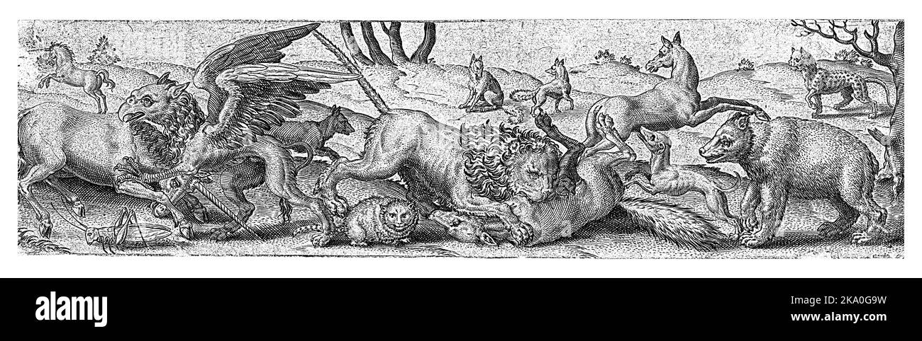 A landscape full of animals fighting each other. On the left a fight ...