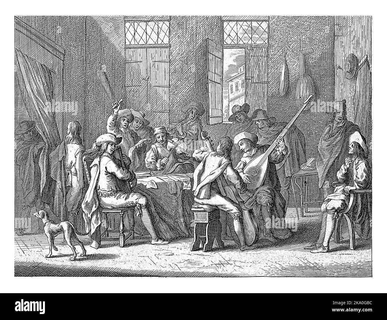 Interior of a house. A group sits around a table and plays stringed ...