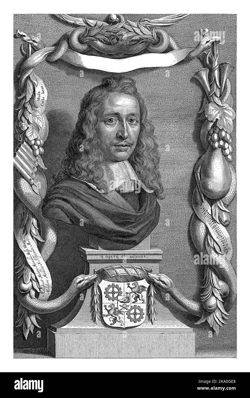 Portrait of baronet Everard Meyster, bust on pedestal with his coat of ...