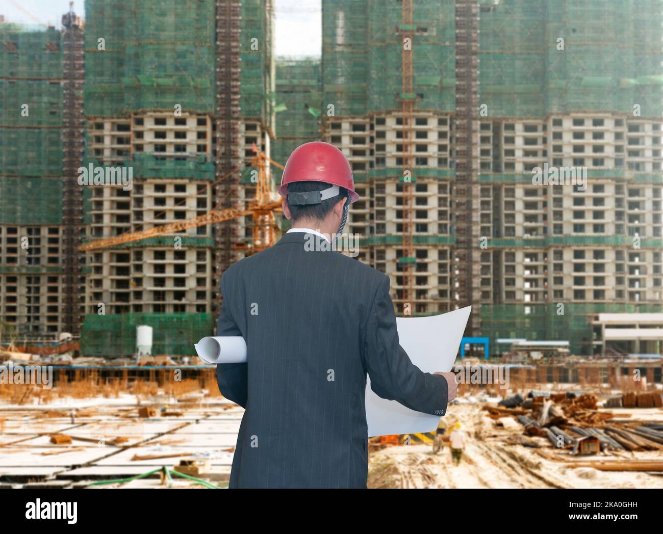 Rear view of architect looking comparing housing project with building ...