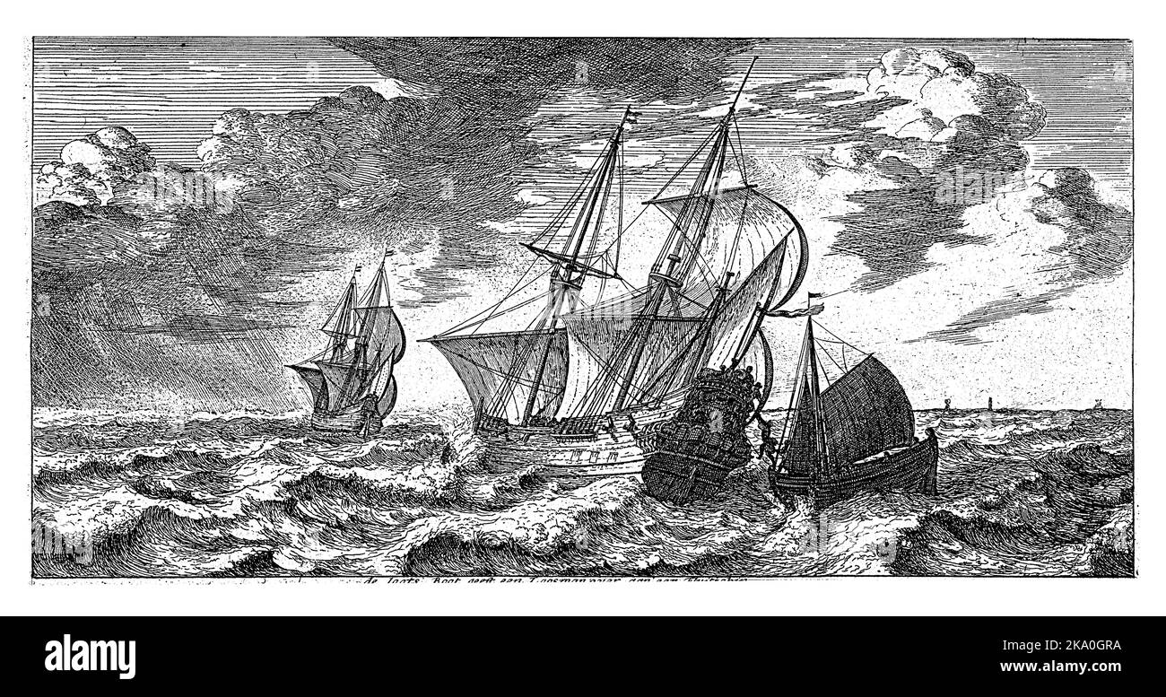 A pilot is taken on board at sea from a pilot boat. The print has a ...