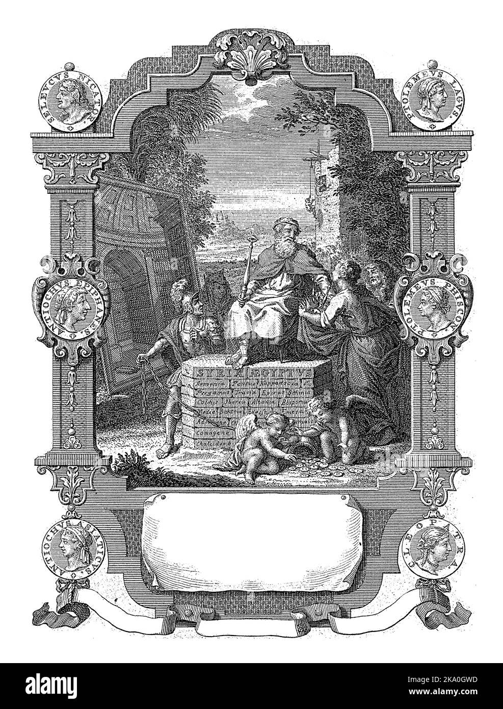 An old man enthroned on a wall, in his hand a scepter with an eye ...