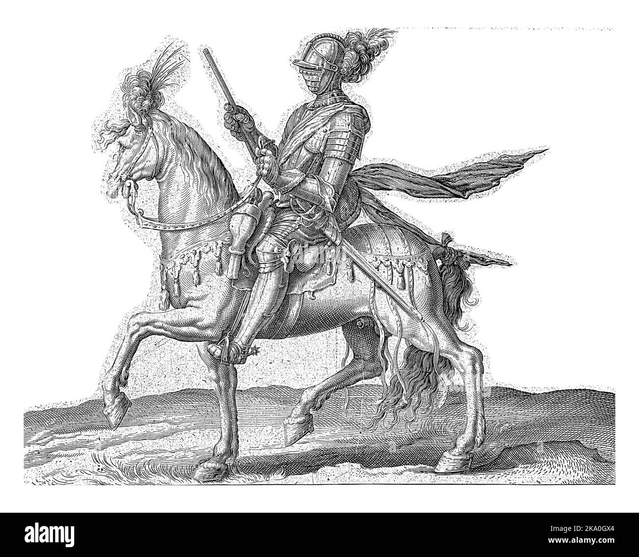 An armored man on horseback, riding to the left, with a command staff ...