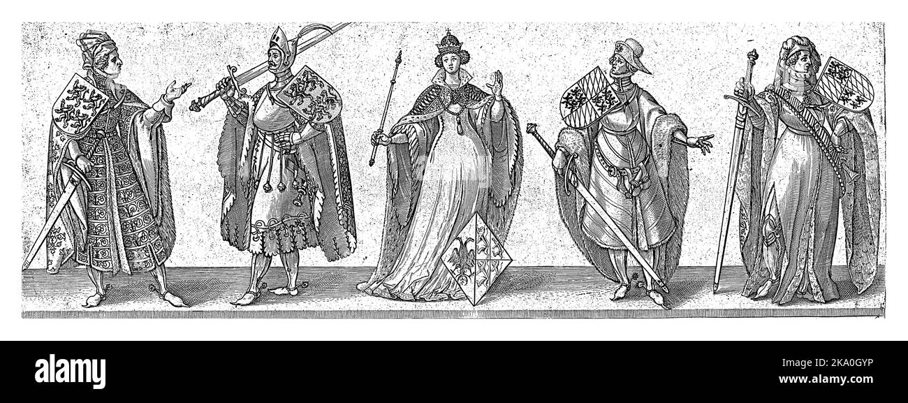 Depiction of one woman with shield and staff, and four men with sword ...