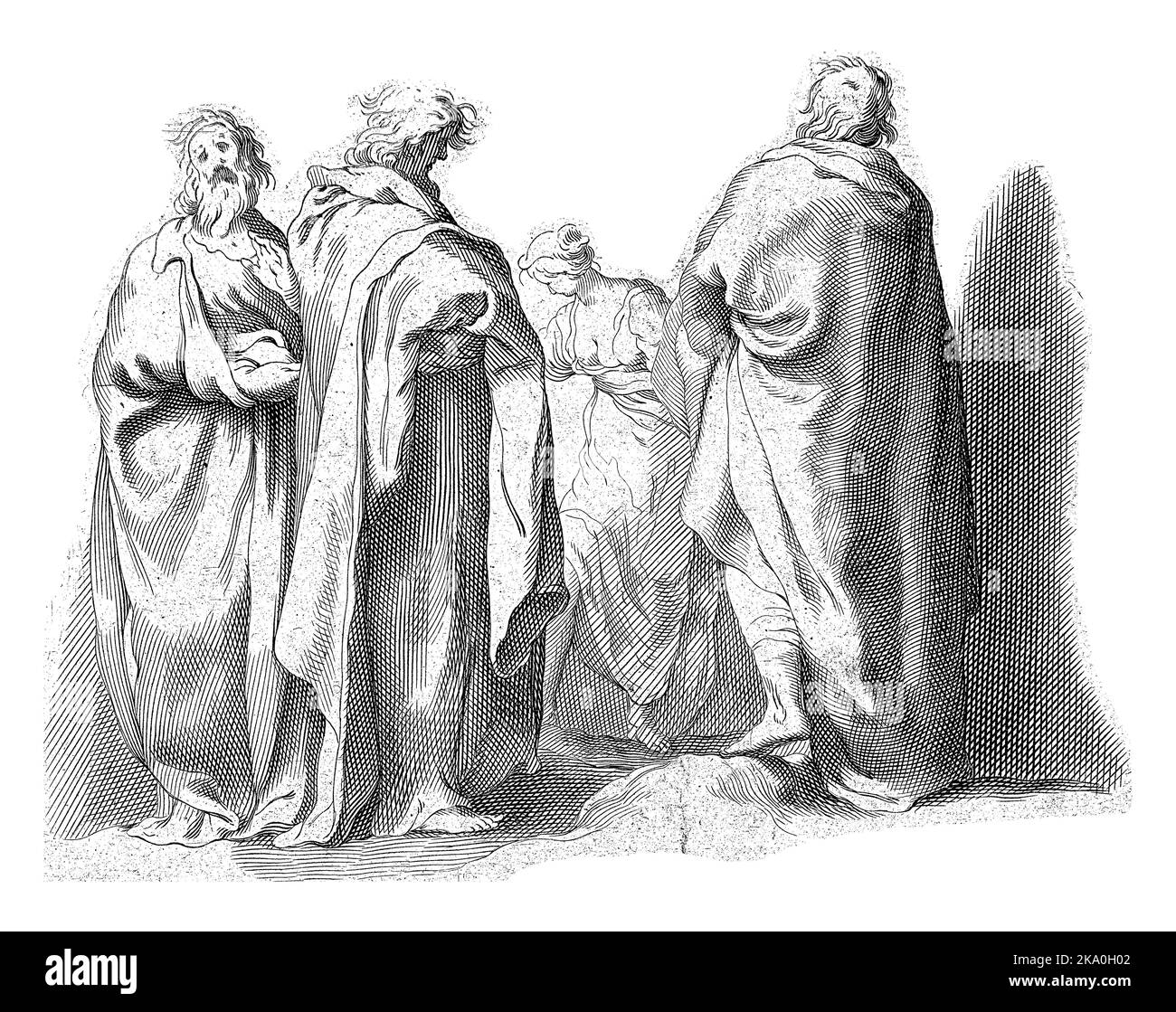 Three men - seen from the back, sideways and frontally - with a woman ...