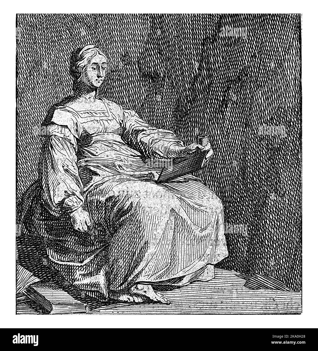 The seated Clio, the muse of history, holds a writing table and an ...