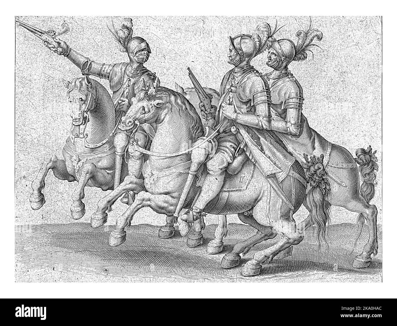 Three armored men on horseback, riding to the left, each holding a ...