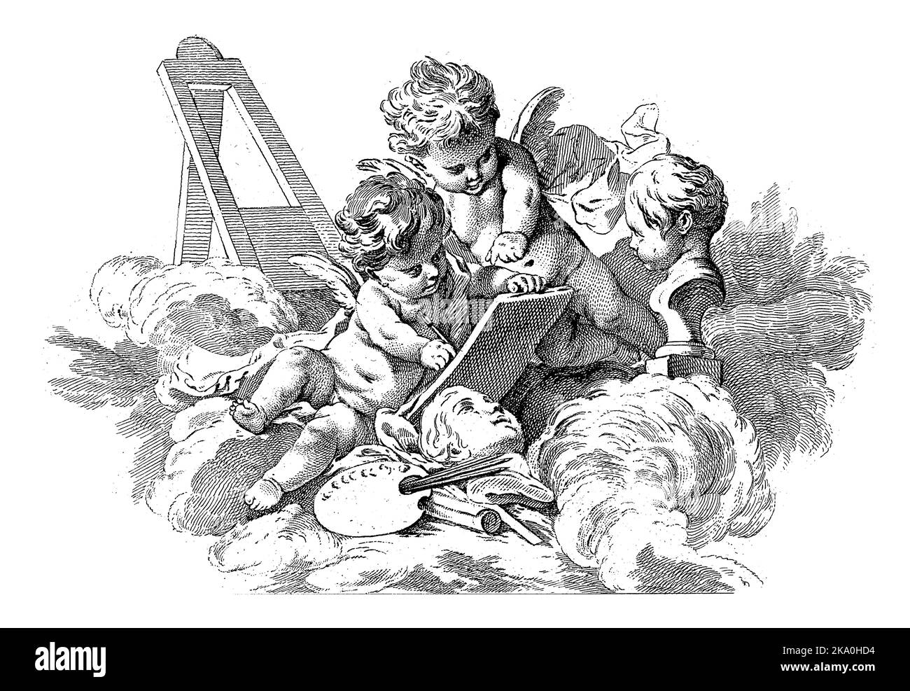 Allegory of painting. A putto draws to a bust in front of him, a second ...