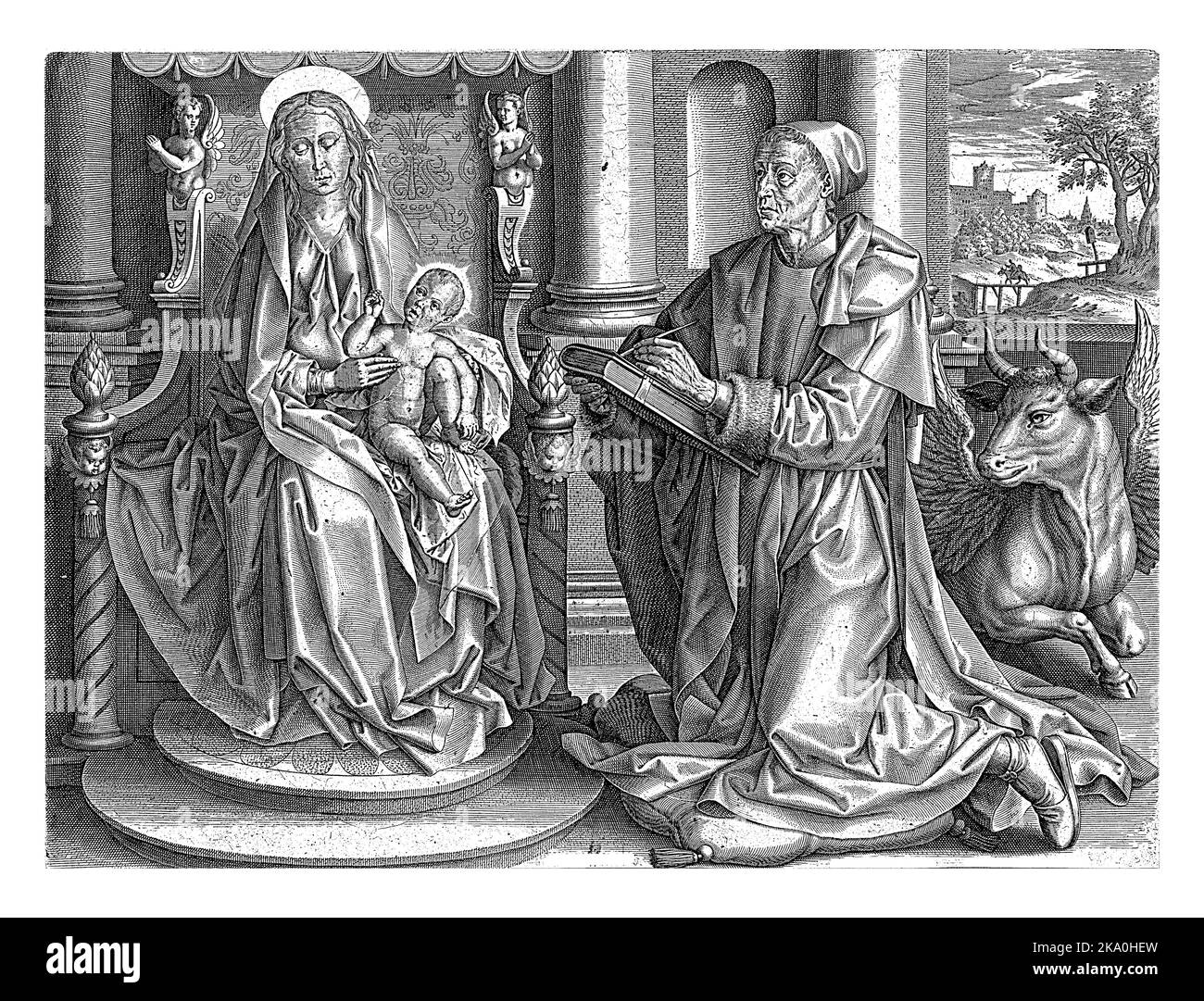 H. Lucas paints Mary with child, Antonie Wierix, after Quinten Massijs, 1565 - 1591 Mary sits ...