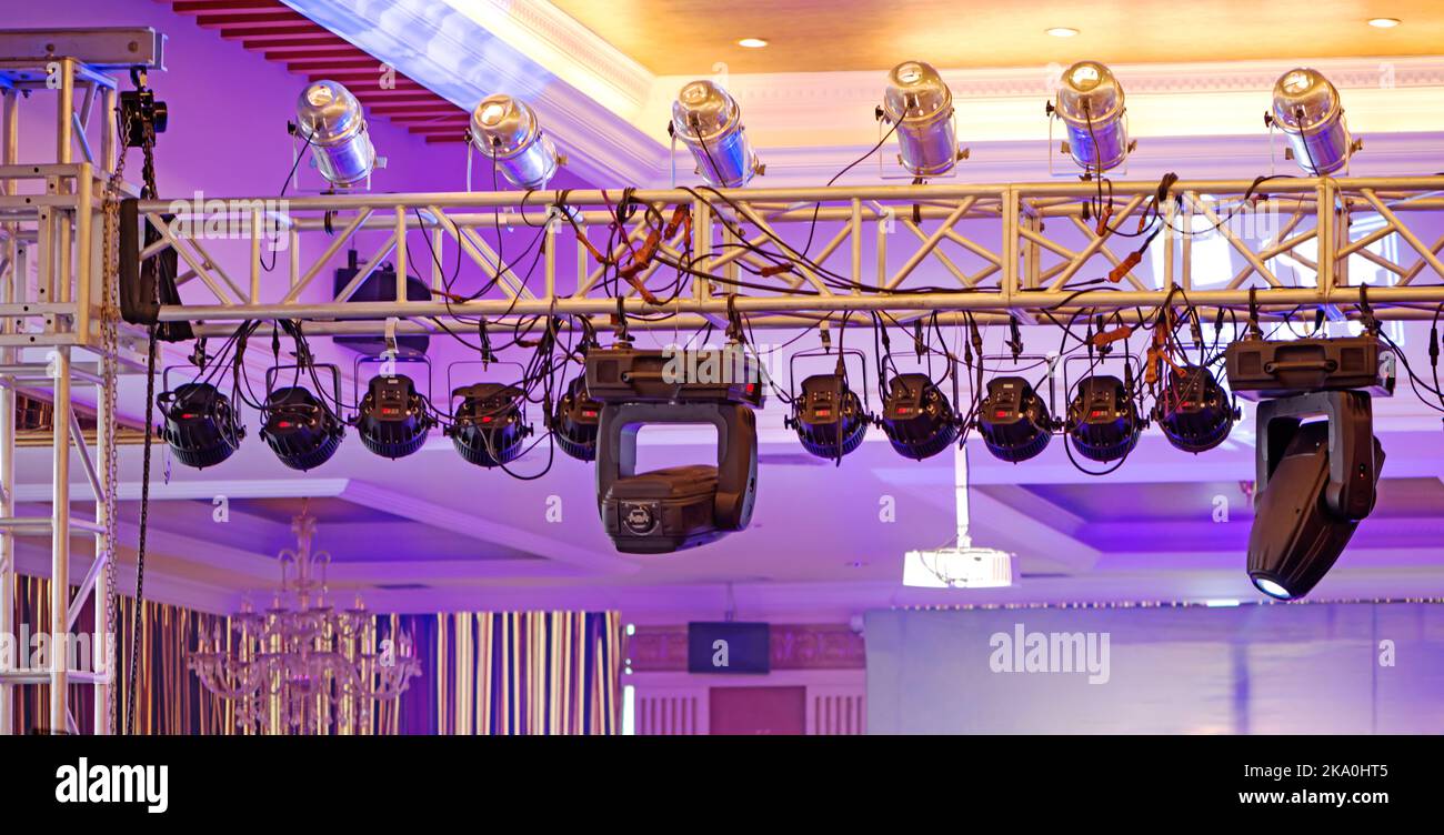 Studio lighting equipment high above an outdoor theatrical performance ...