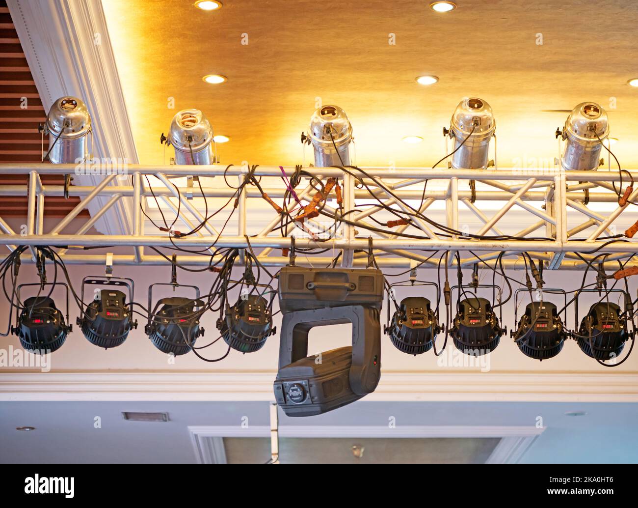 Studio lighting equipment high above an outdoor theatrical performance ...