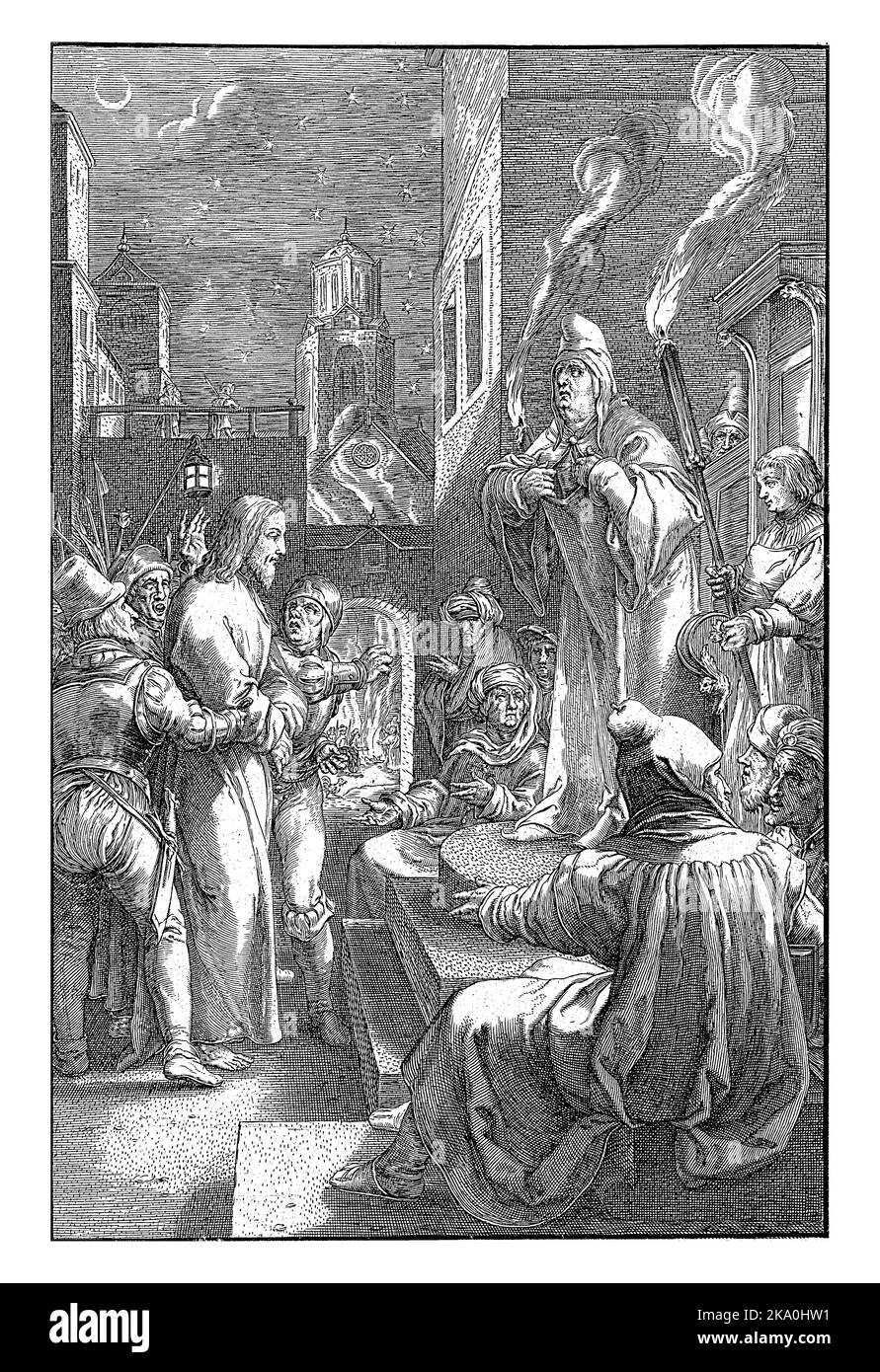 Christ is brought before the high priest Caiaphas. Caiaphas stands on a ...