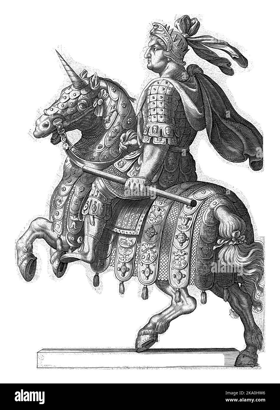 Emperor Vitellius on horseback, seen from the back, with his command ...