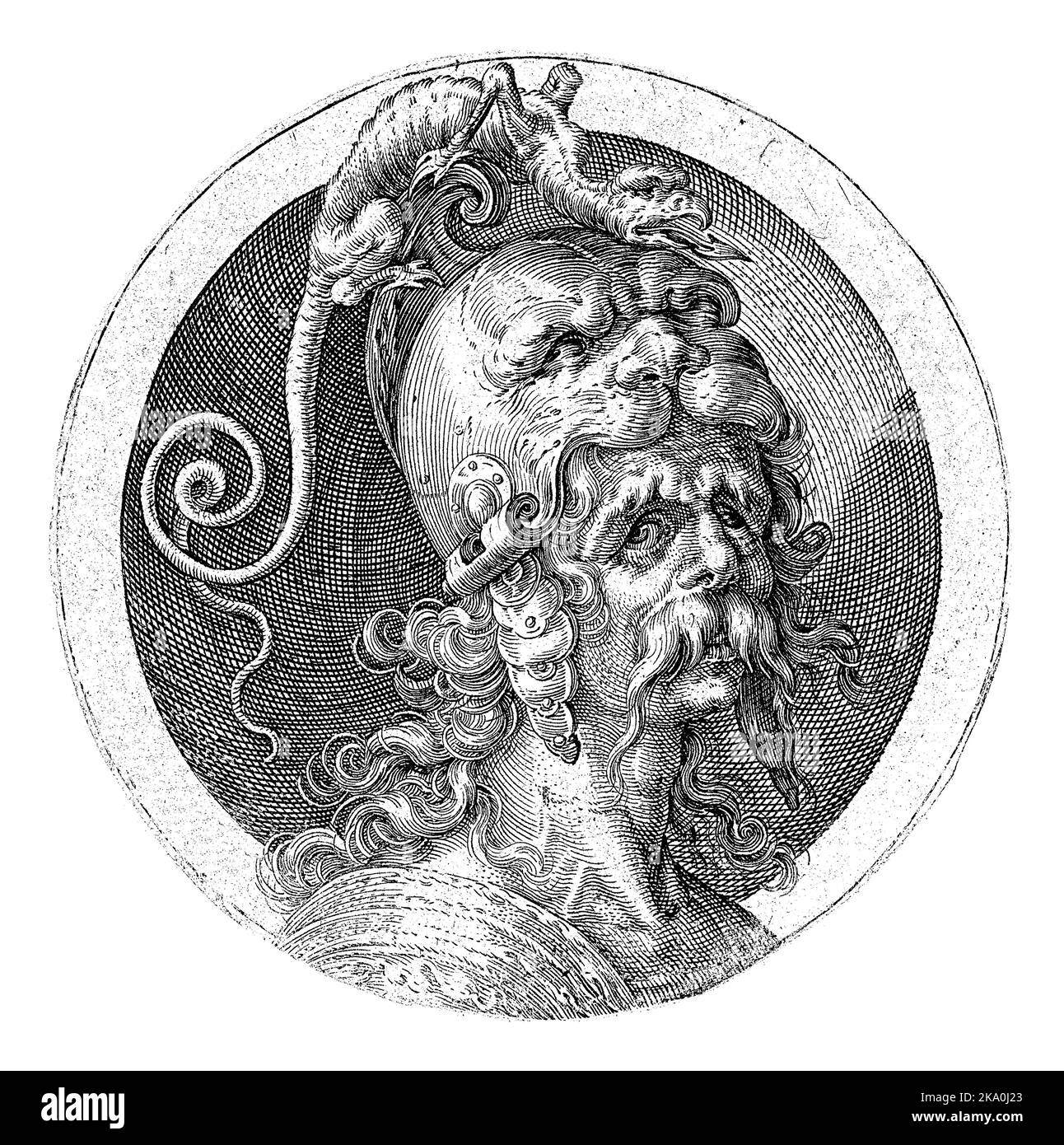 Round bust of the god Mars, a helmet on the head with a dragon. This ...