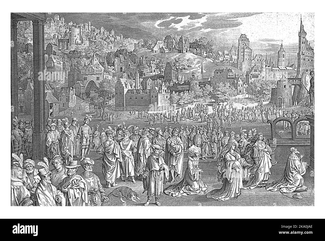 Solomon is kneeling before an idol standing on a pedestal. Behind him ...