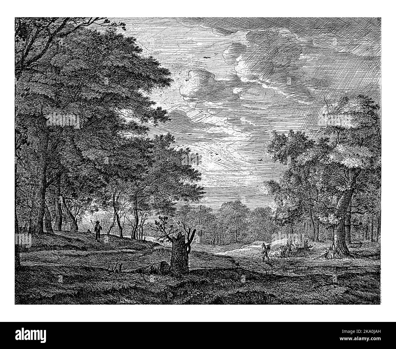 In a clearing in the Haagse Bos, a hunter walks with two beasts on his ...