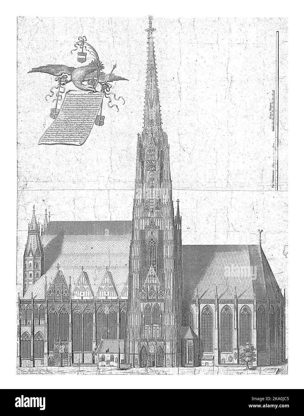 Exterior of Sankt Stephansdom in Vienna. Heraldic eagle carries sceptre ...
