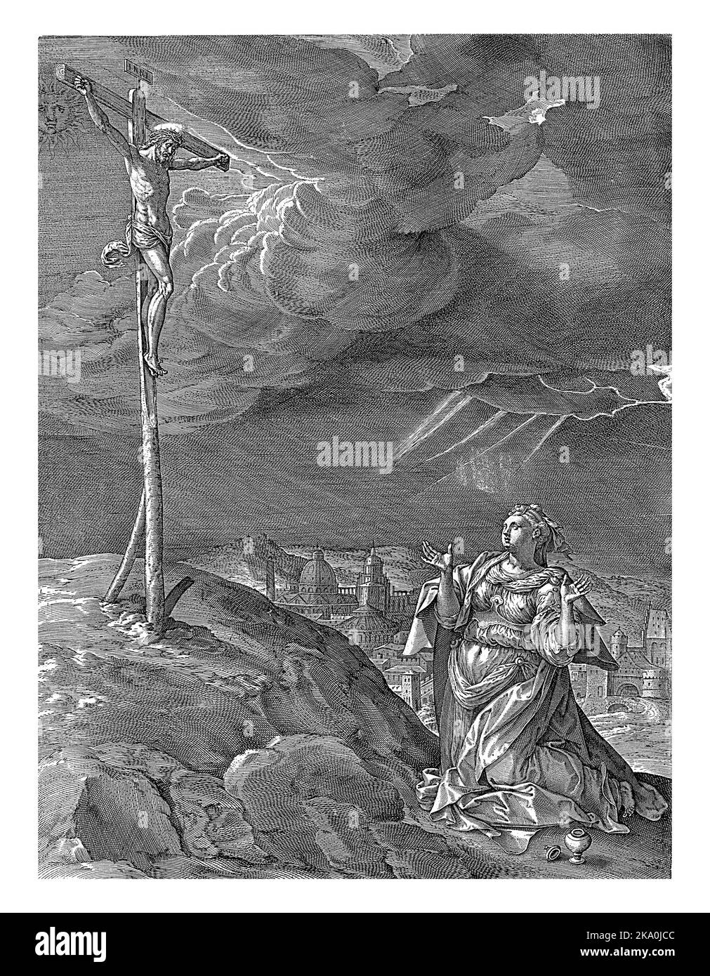 Christ on the Cross, Hieronymus Wierix, after Maerten de Vos, 1584 Christ hangs on the cross ...