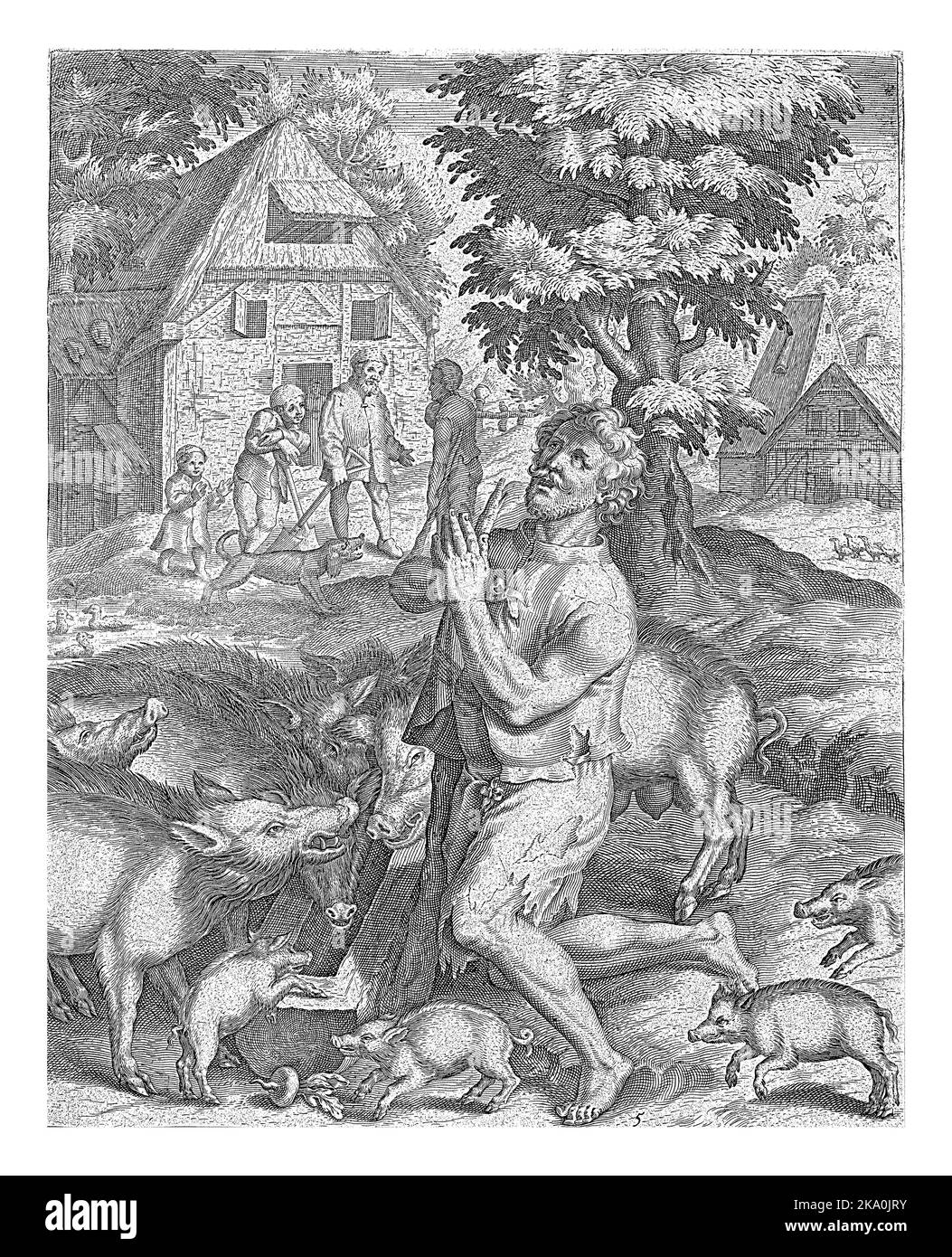 The prodigal son kneels in prayer by a trough of pigs and piglets Stock ...