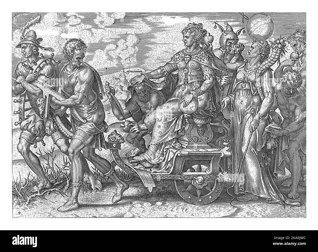 Queen Money (Regina Pecunia) is enthroned on a chariot. Her left hand ...