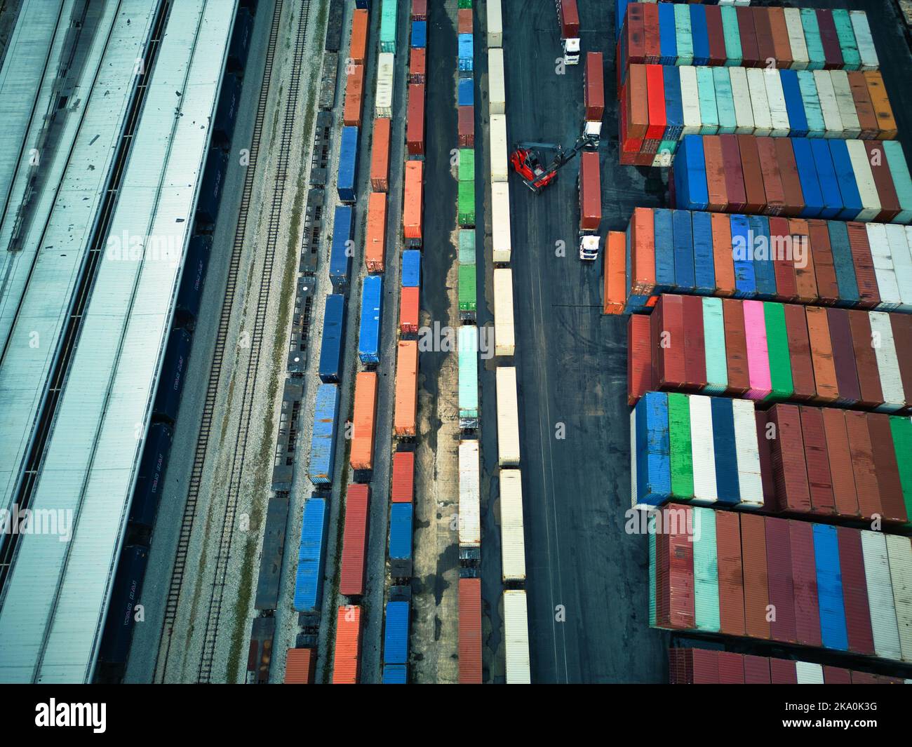 Cargo train platform with freight train container at depot in port use ...