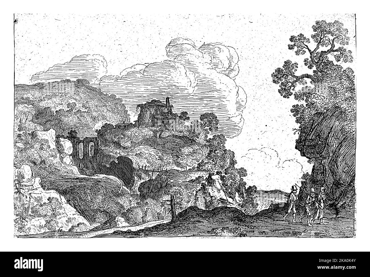 Three men in top hats and sticks walk in a rocky landscape with a round ...