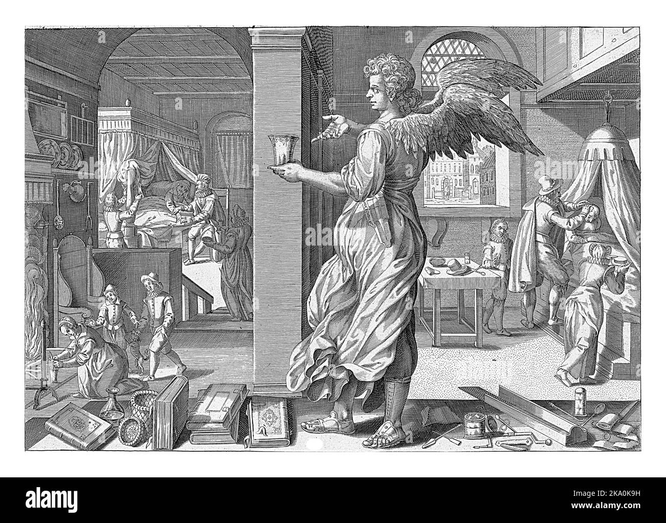 In the middle an angel holding a cup of medicine in his hand. Around ...