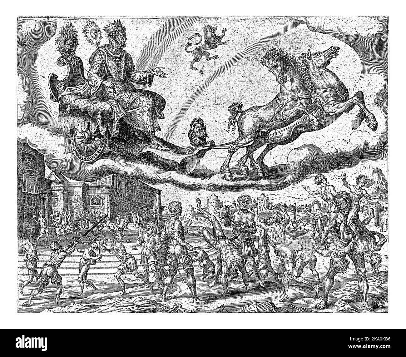 The sun god Sol rides in his chariot in the sky, drawn by two horses ...