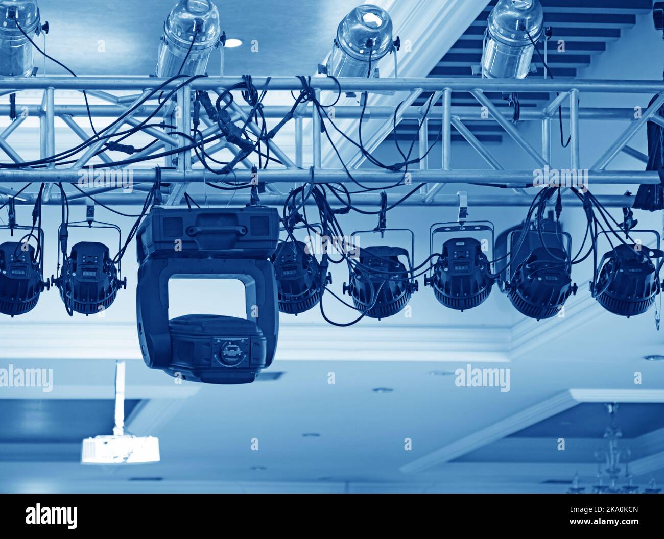 Studio lighting equipment high above an outdoor theatrical performance ...