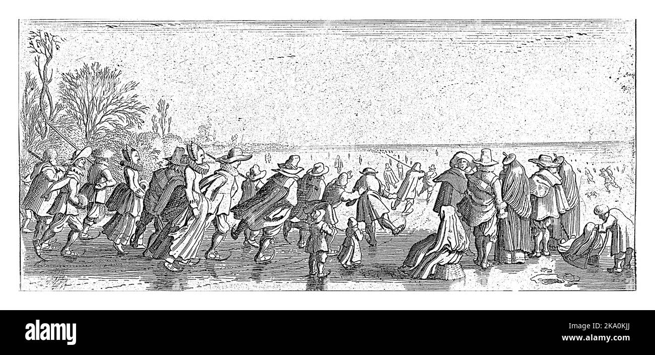 Skaters on the ice, Jan van de Velde (II), 1631 Winter landscape with ...