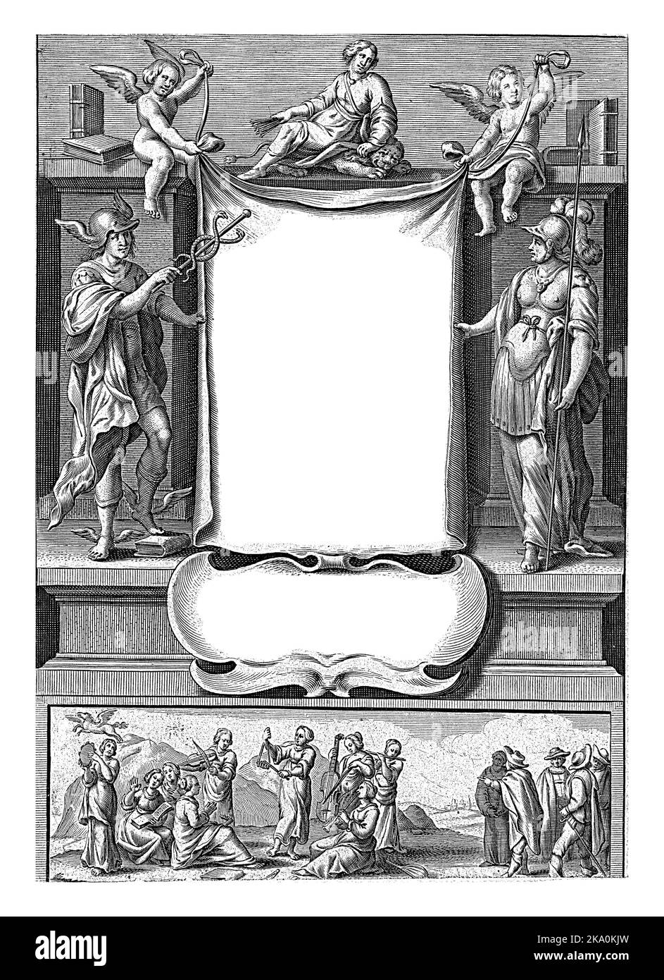 Canvas with title held by Mercury, Minerva and two angels, under frieze ...