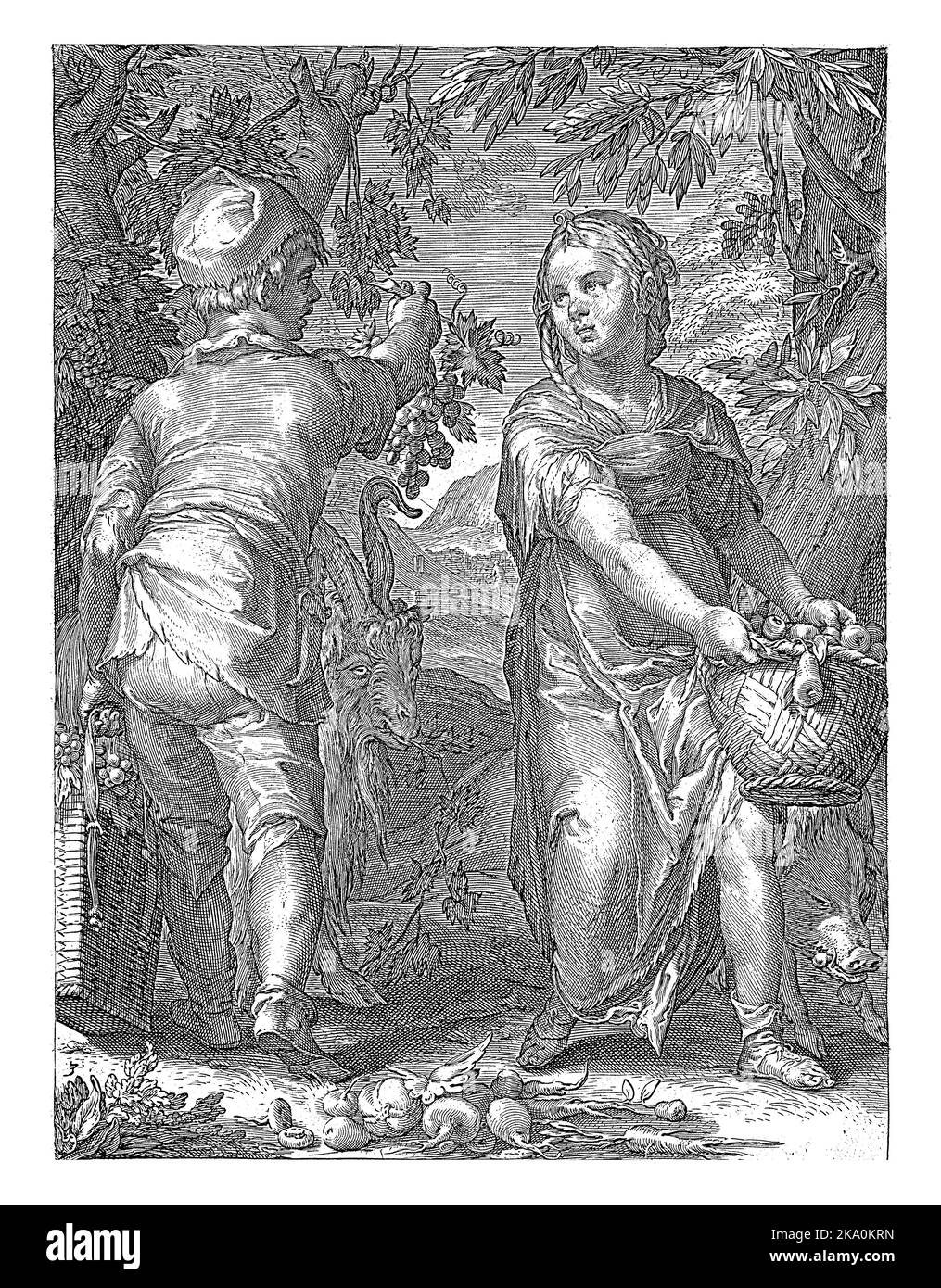 A boy and a girl harvest fruit in front of a goat and a boar. The boy ...