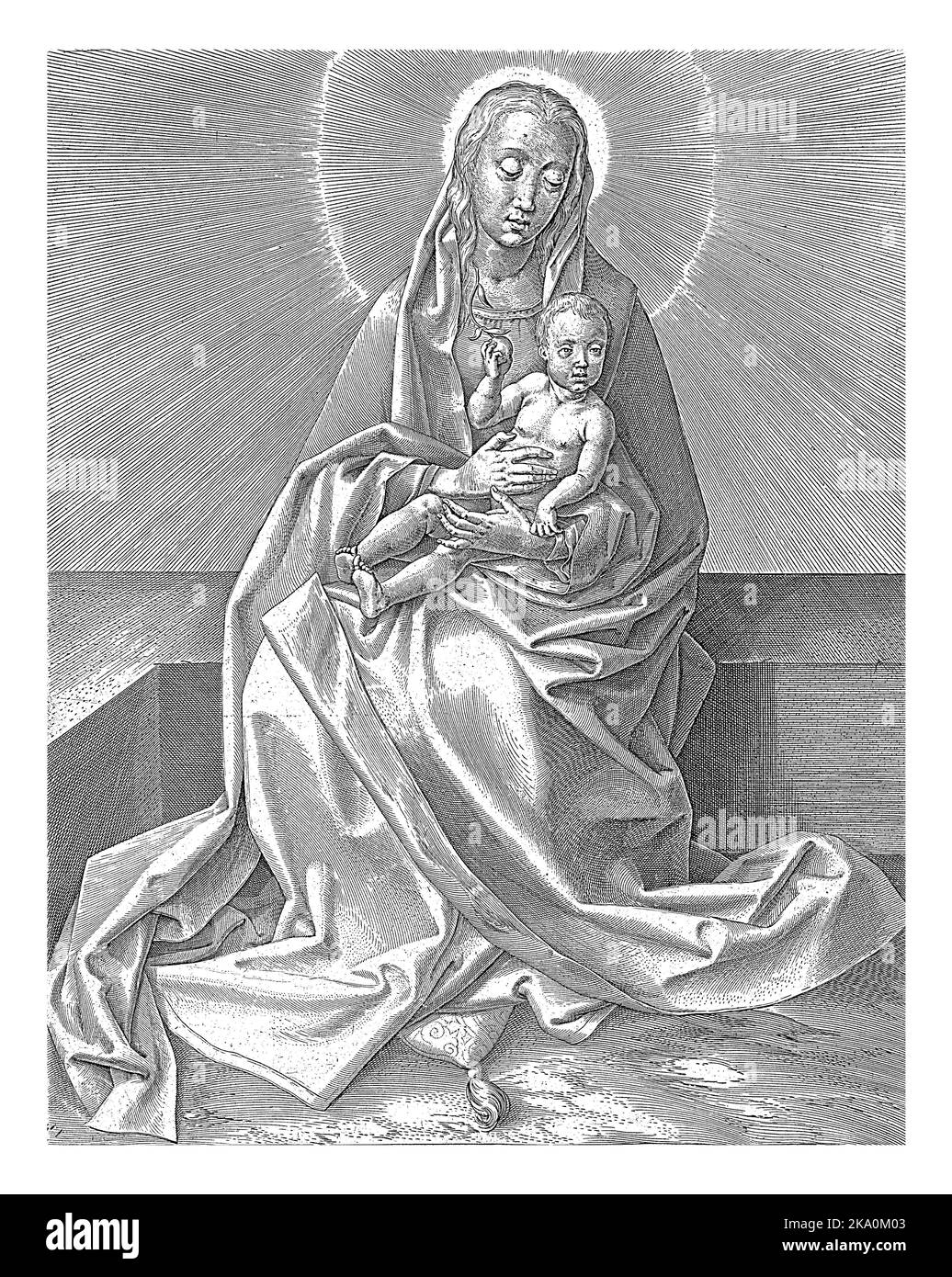 Mary with the Christ Child on Her Lap, Hieronymus Wierix, 1563 - before 1586 Mary sits on a ...