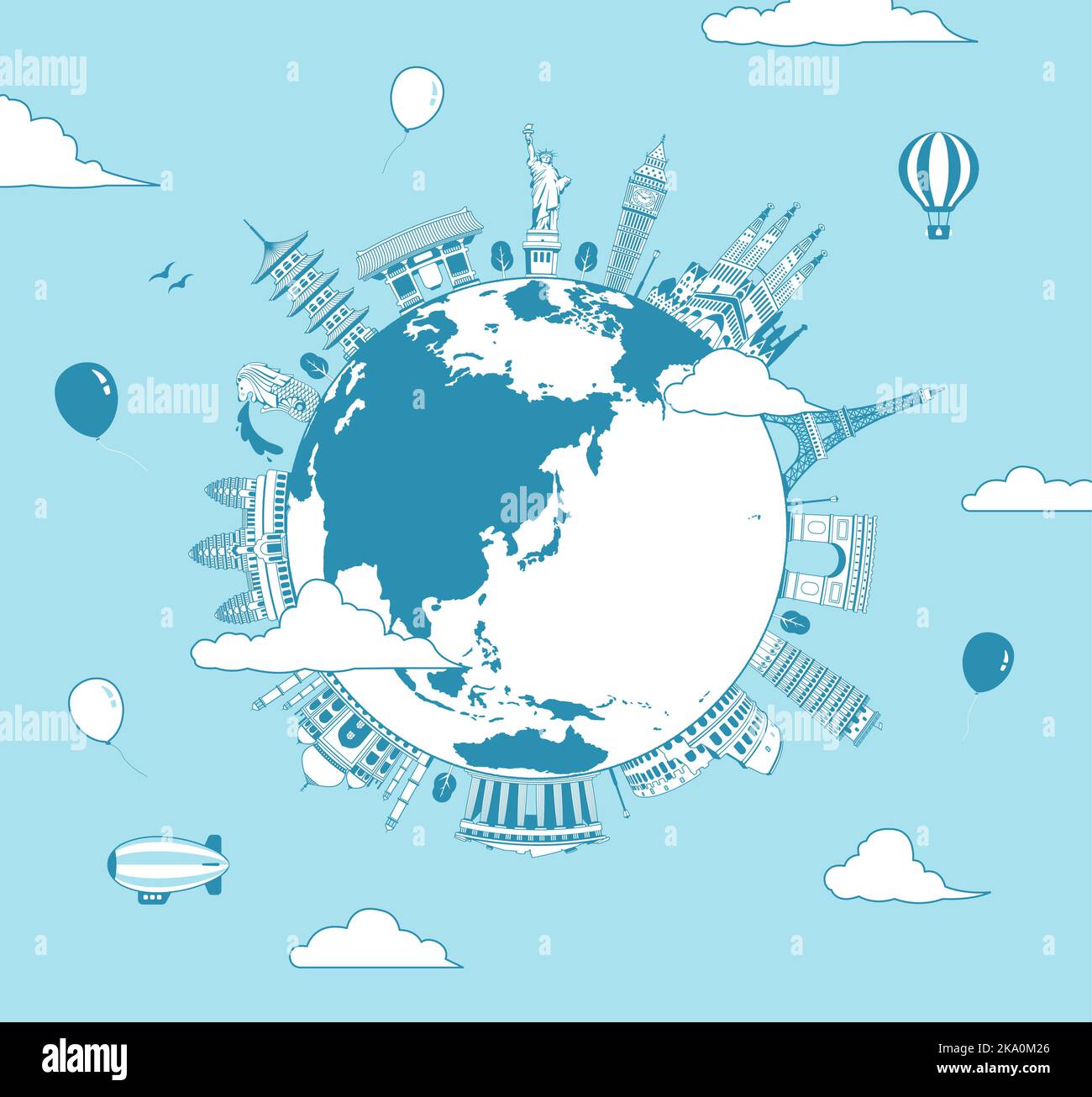 world travel circular vector illustration ( world famous buildings ...