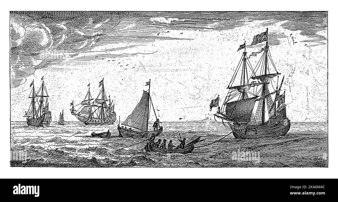 Some ships at sea. One of the sailors of a sailing ship points to the ...