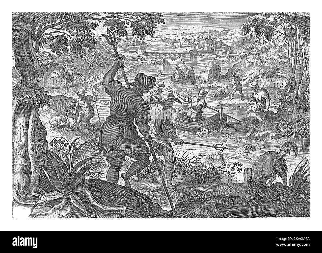 Hunters hunt otters using dogs and tridents. The print has a Latin ...