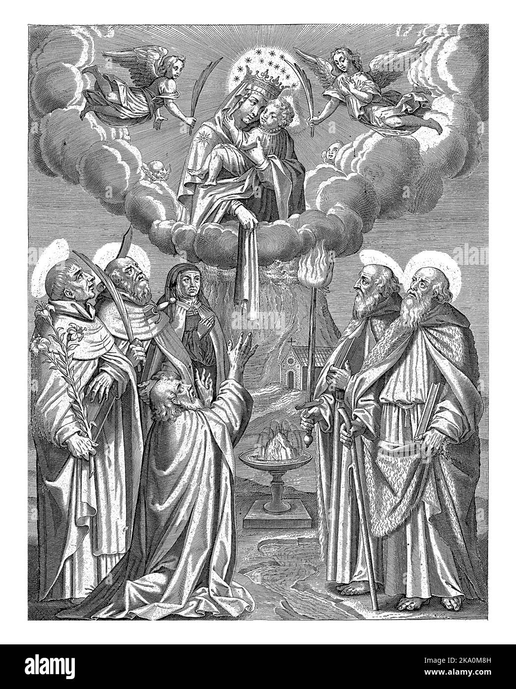 Mount Carmel with the Virgin Mary with child in the clouds. Kneeling in ...