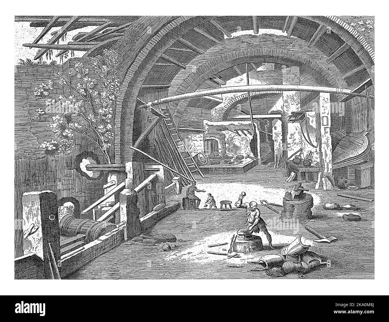 In a forge, the blacksmith strikes the anvil. There are several tools ...