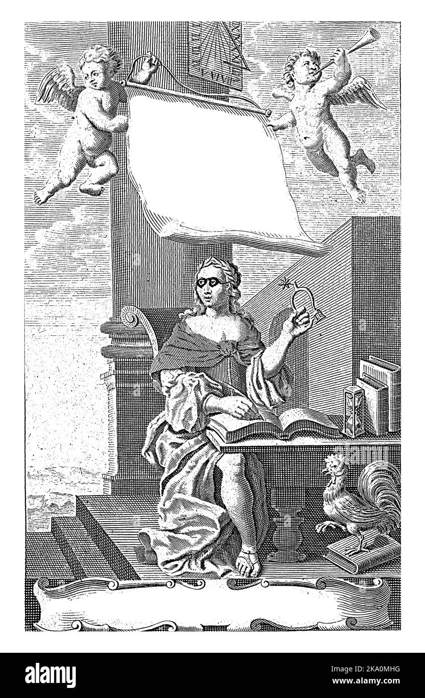 A woman, in classical garb, sitting behind a writing table, a trace in ...