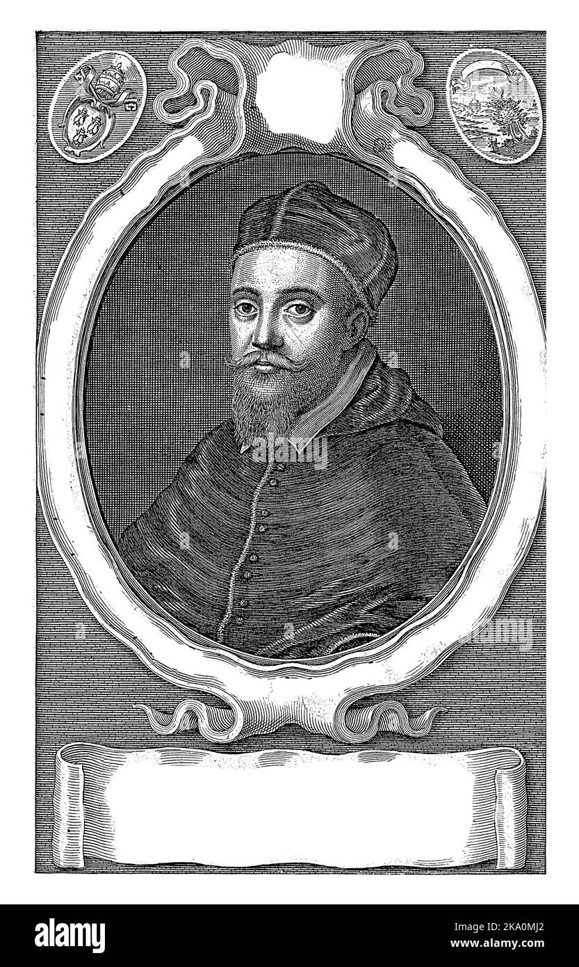 Portrait of Pope Urban VIII, with his coat of arms at the top left and ...