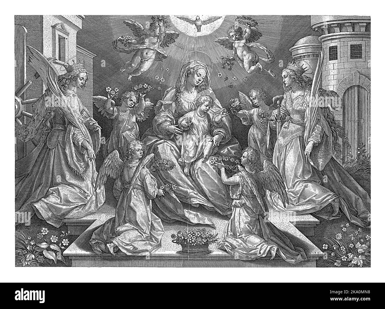 Mary with the Christ Child on her lap in the middle. Next to her two ...