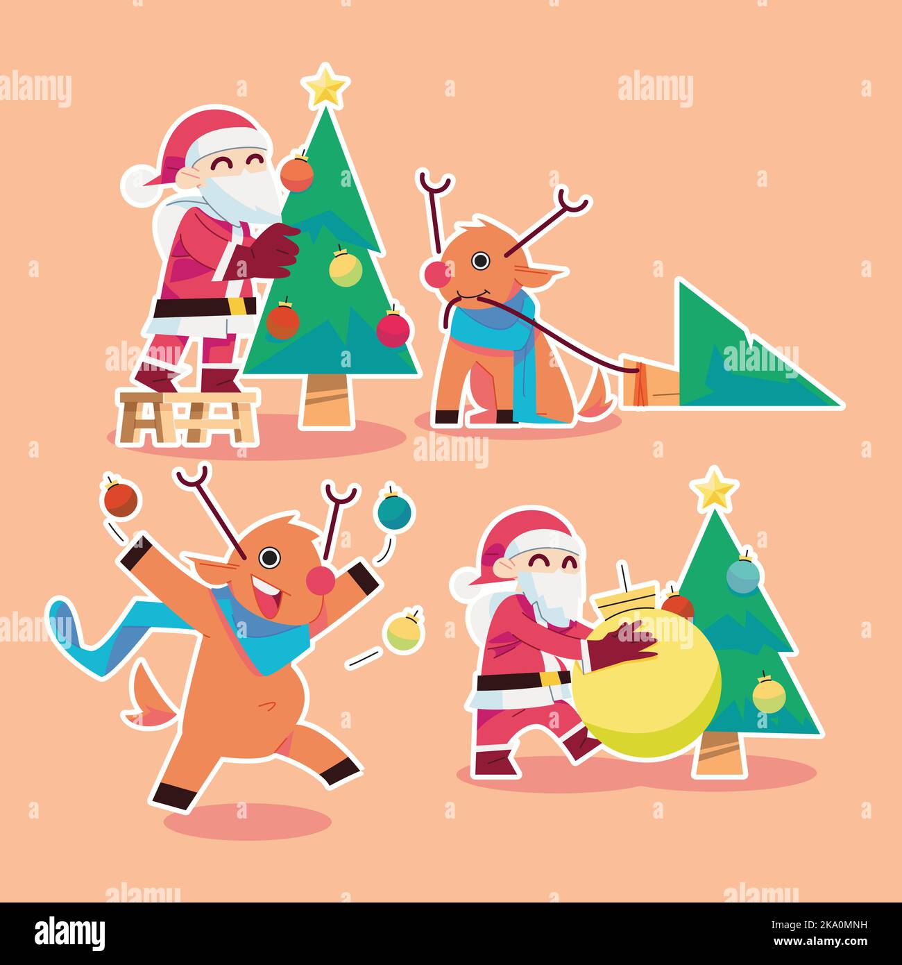 A flat, colorful Santa Claus and his deer are decorating the Christmas ...