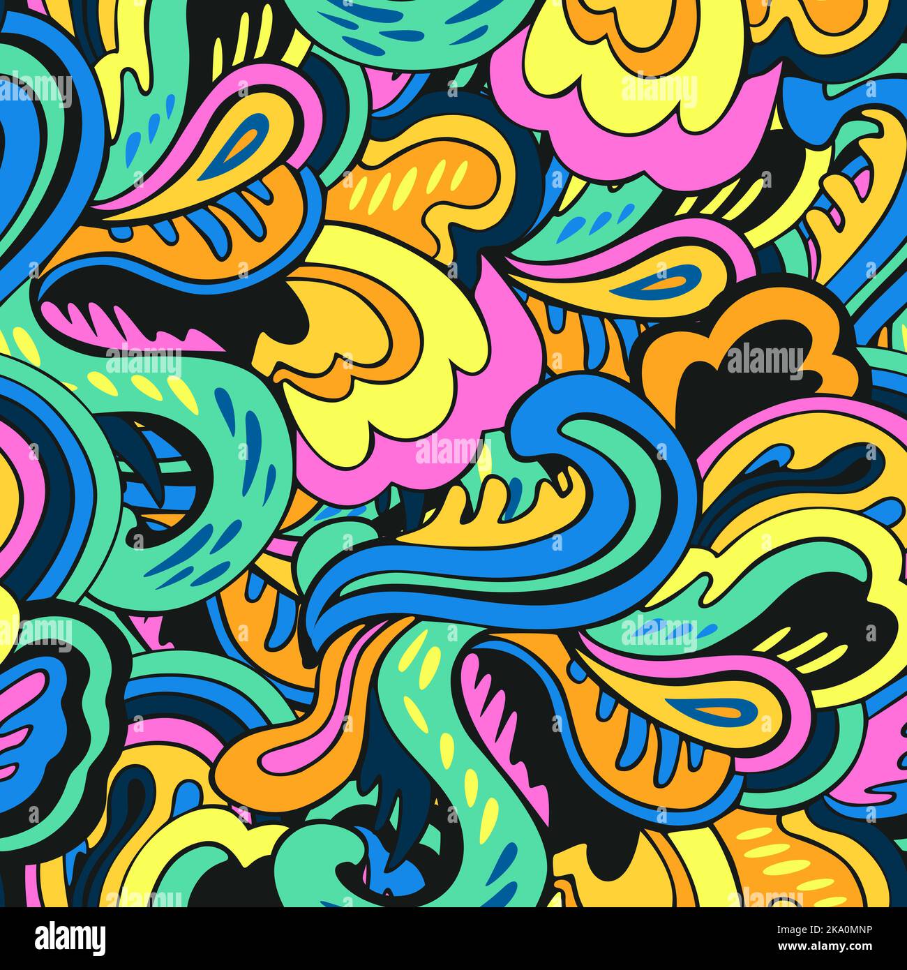 Colorful seamless pattern with crazy psychedelic organic abstract elements, print with plant and ...