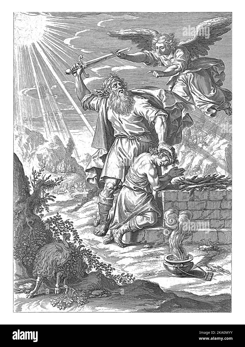 Abraham raises his sword to kill his son Isaac, who kneels before the ...